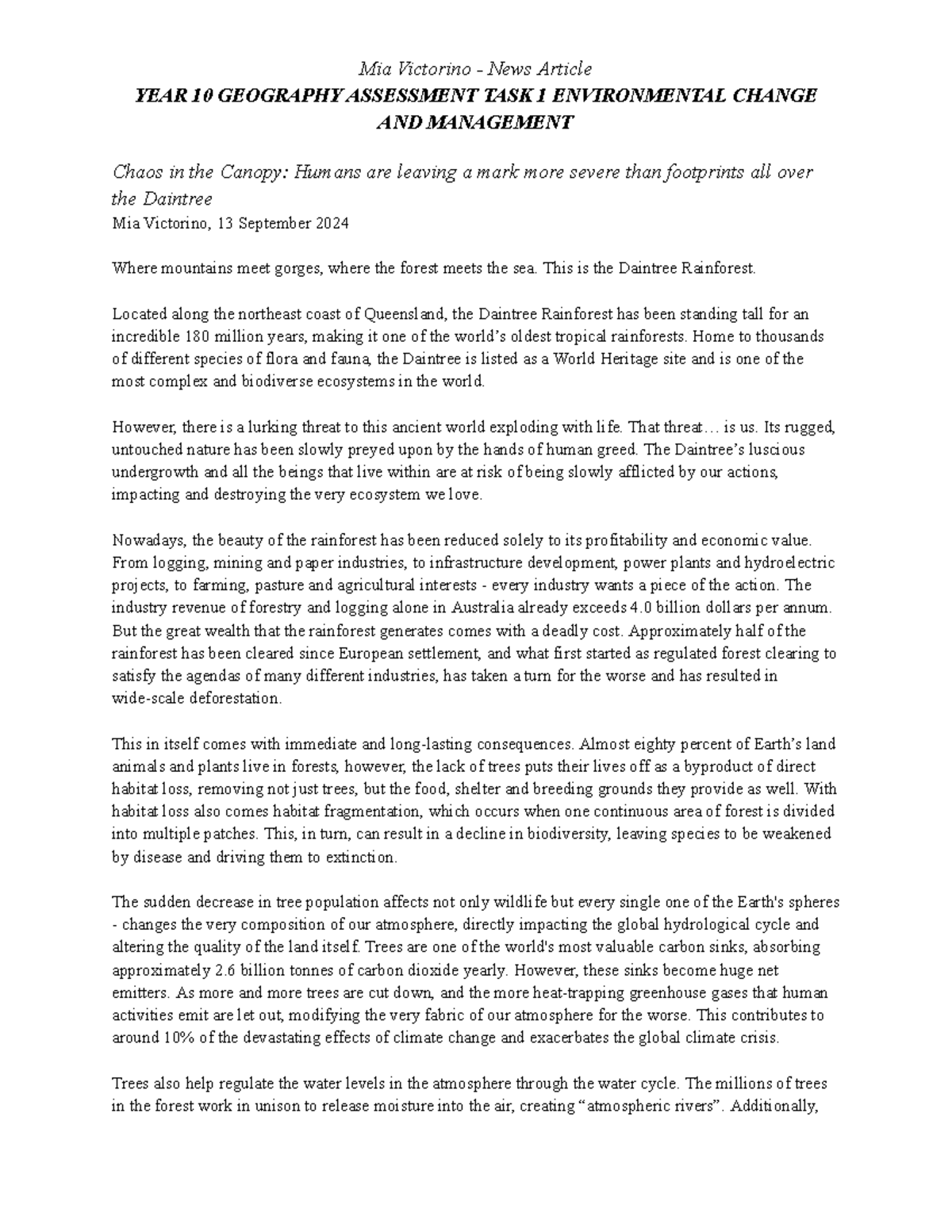 YEAR 10 GEOGRAPHY ASSESSMENT TASK 1: Deforestation in the Daintree ...