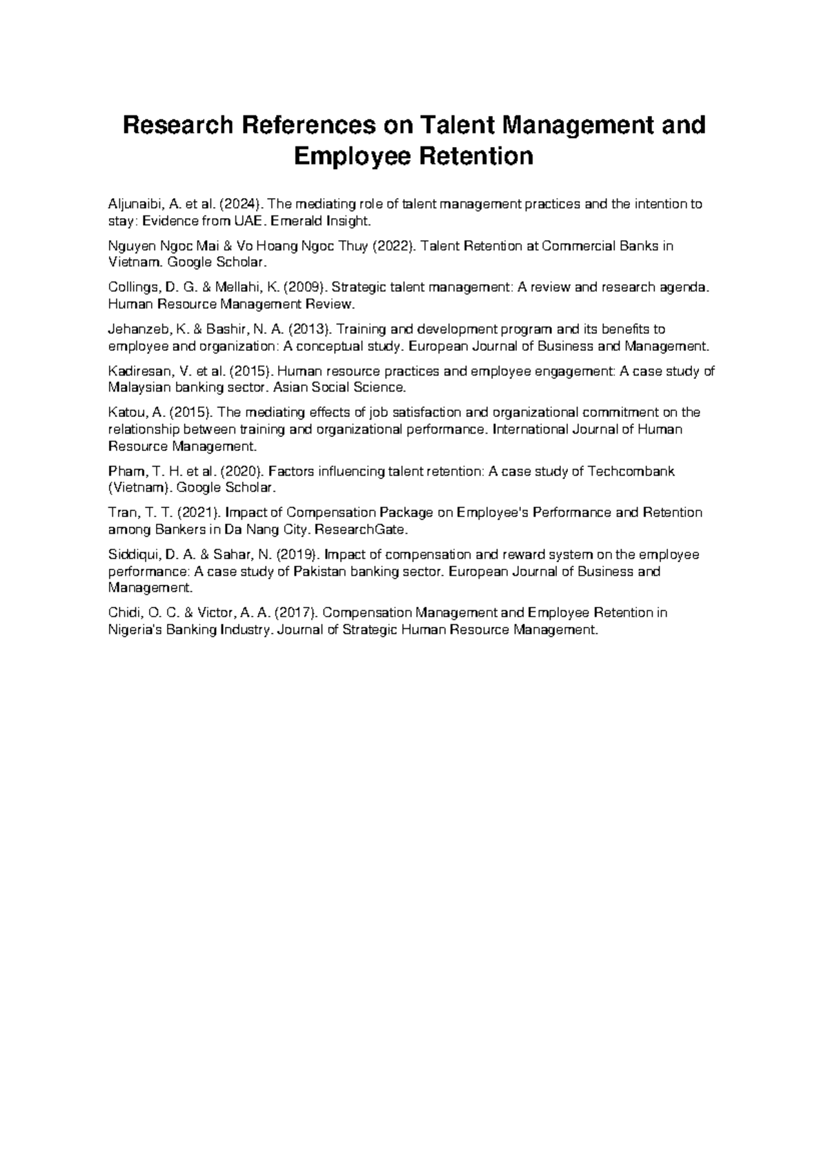 Talent Management & Employee Retention Research References - Studocu