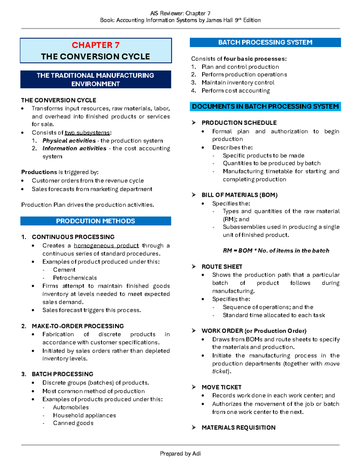 AIS 9th Ed - CH7 Conversion Cycle & Production Methods Notes - Studocu