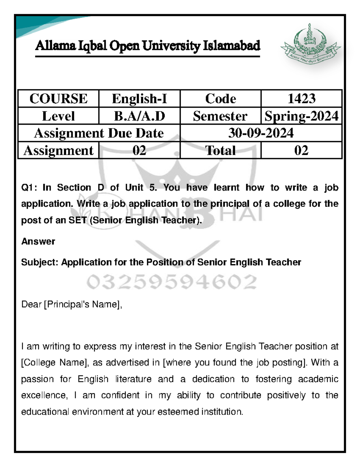 1423-02-Spring 2024 - English-I Assignment on Job Applications and Reading Skills - Studocu