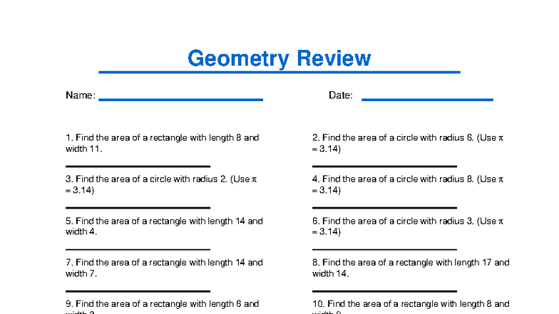 Geometry Review 3 - Area Calculations and Answers - Studocu