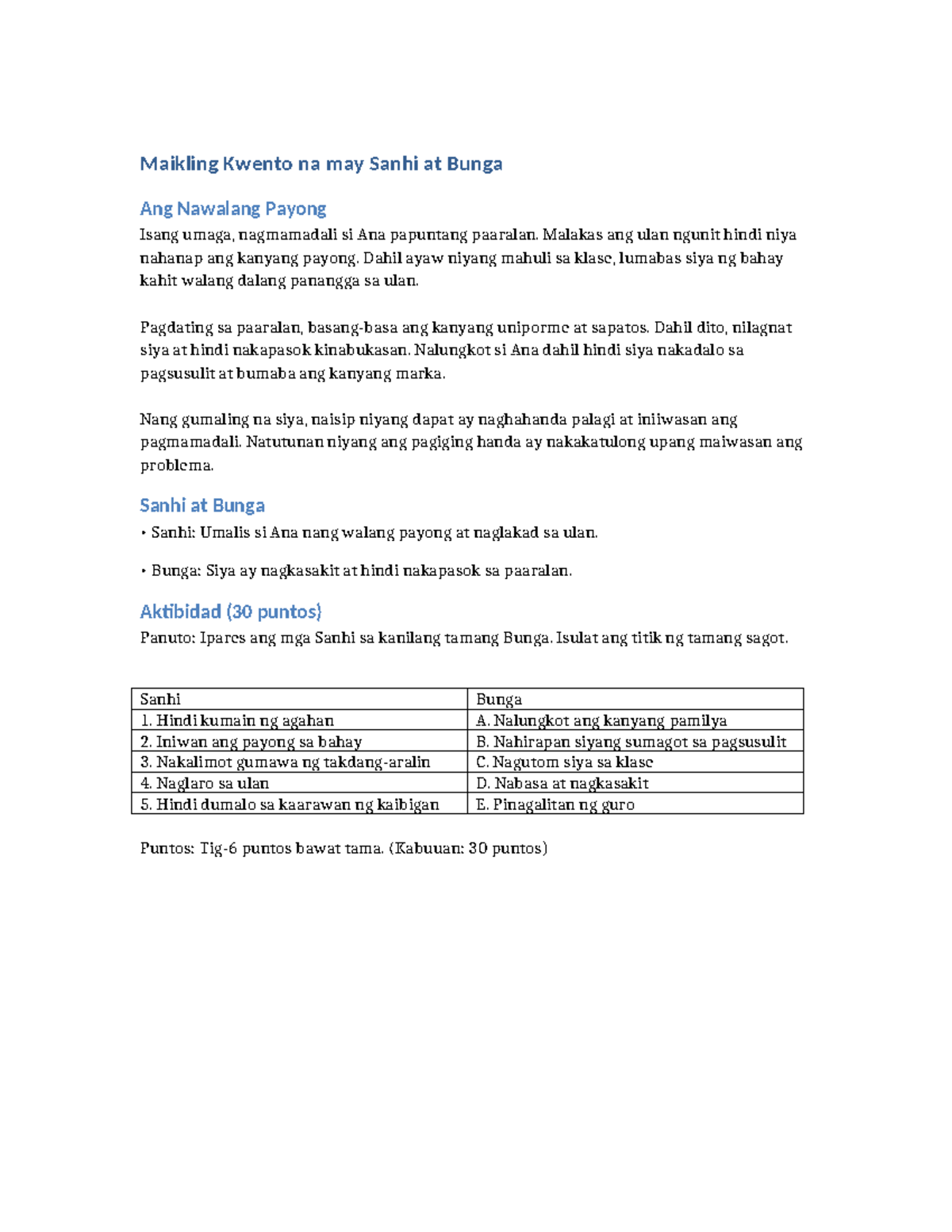Sanhi at Bunga: Kwento at Aktibidad sa Pagsusulit - Studocu