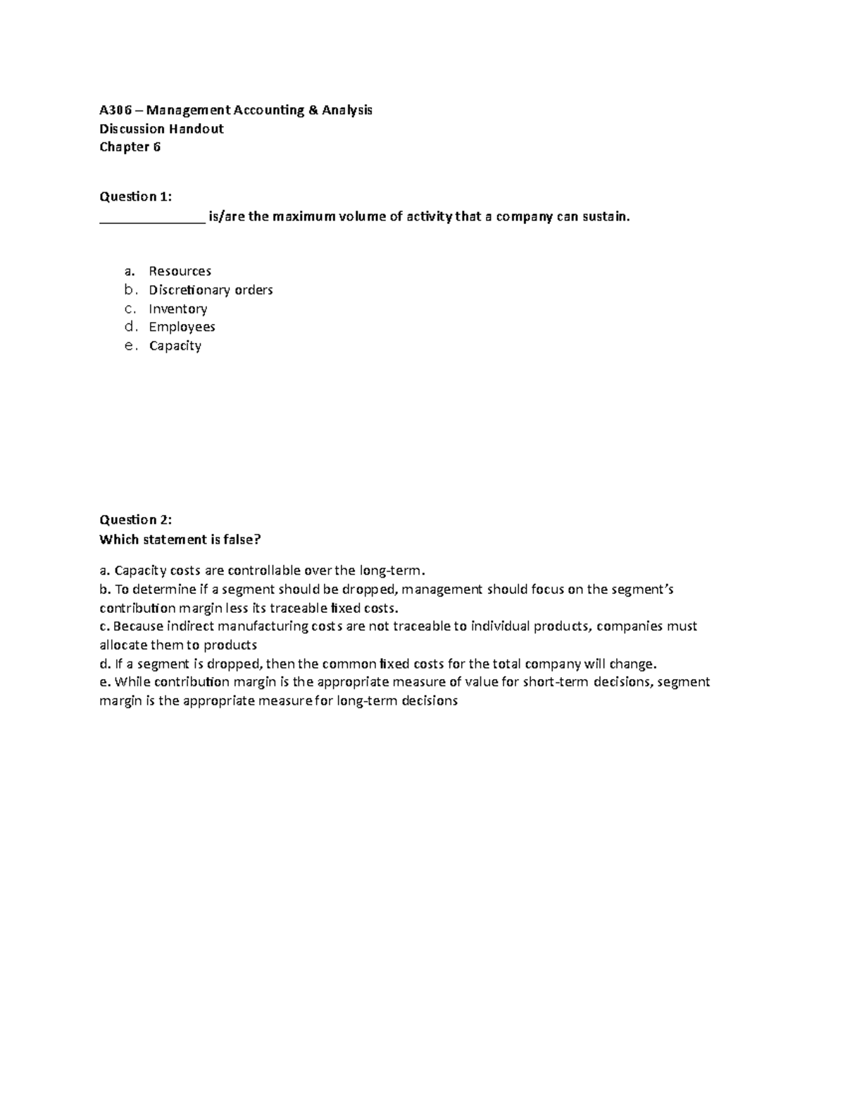 A306 Disc Handout Chapter 6 - A306 – Management Accounting & Analysis Discussion Handout Chapter ...
