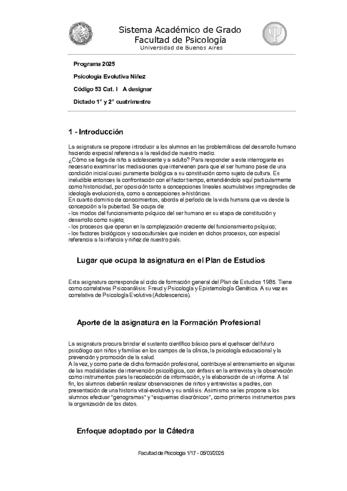 Programa 2025: Psicología Evolutiva de la Niñez - Facultad de Psicología UBA - Studocu