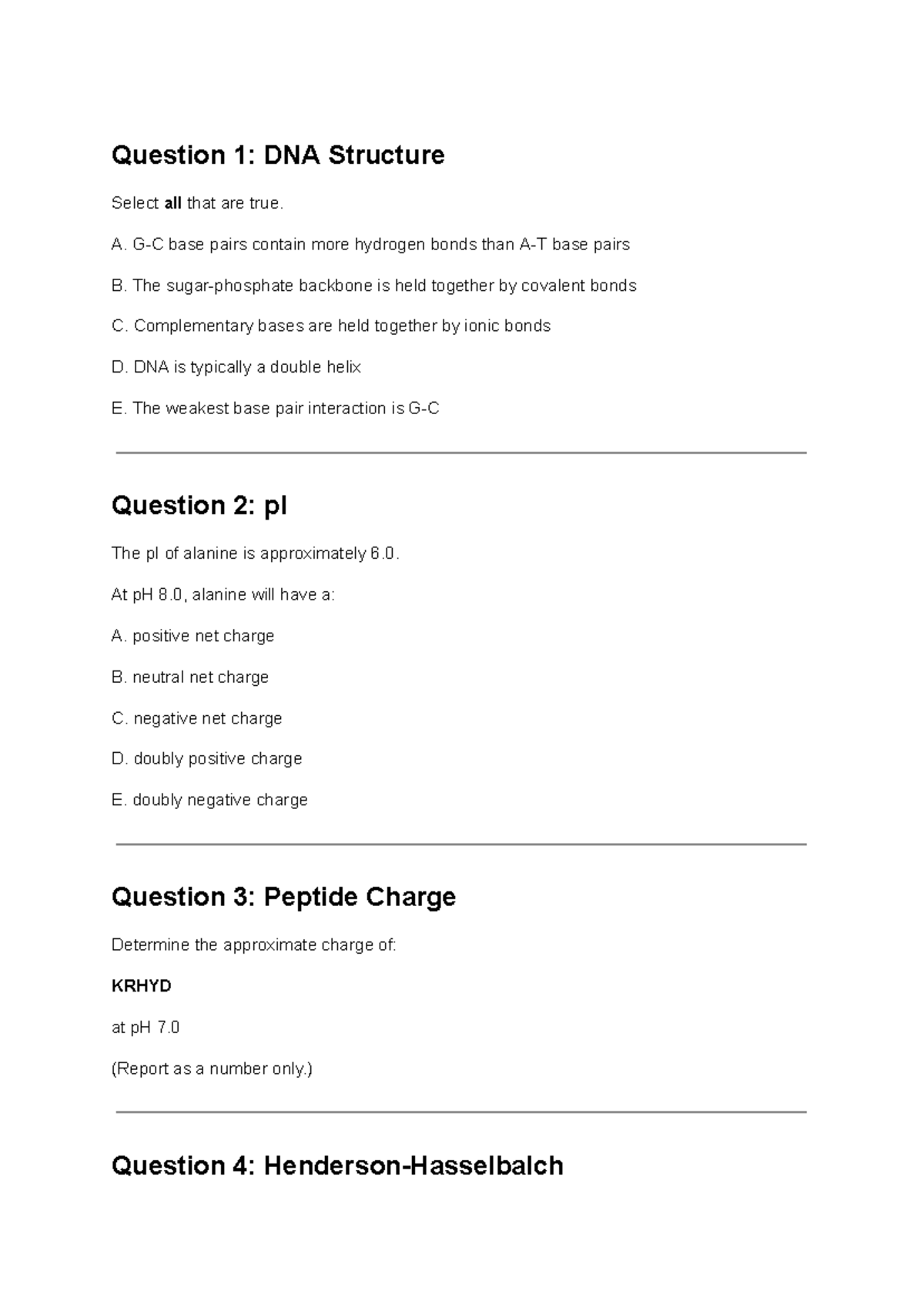 BCH2333 Practice Questions on DNA, pI, Peptide Charge, and More - Studocu