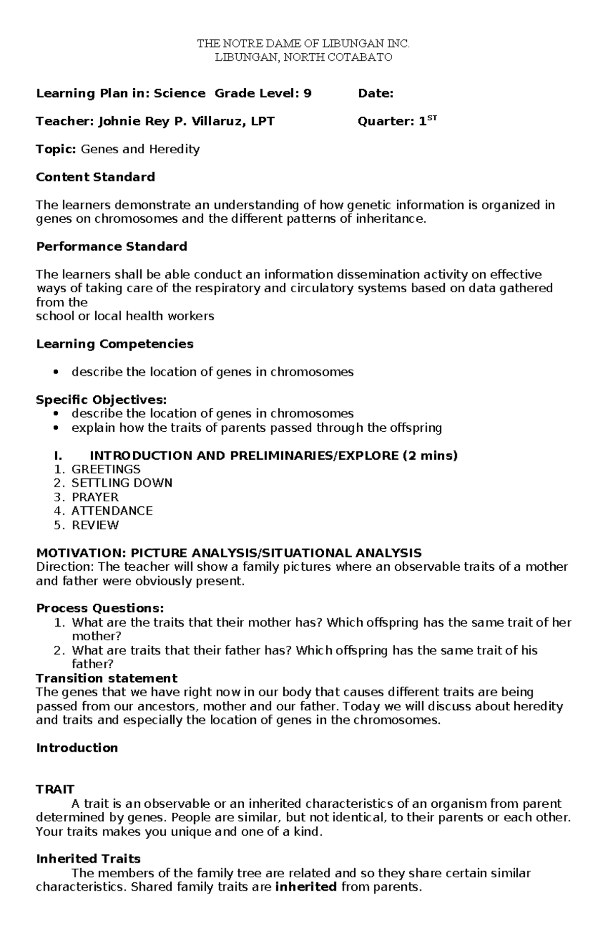 727904497 LP G9 Genes and Heredity - Lesson Plan for Science Class ...