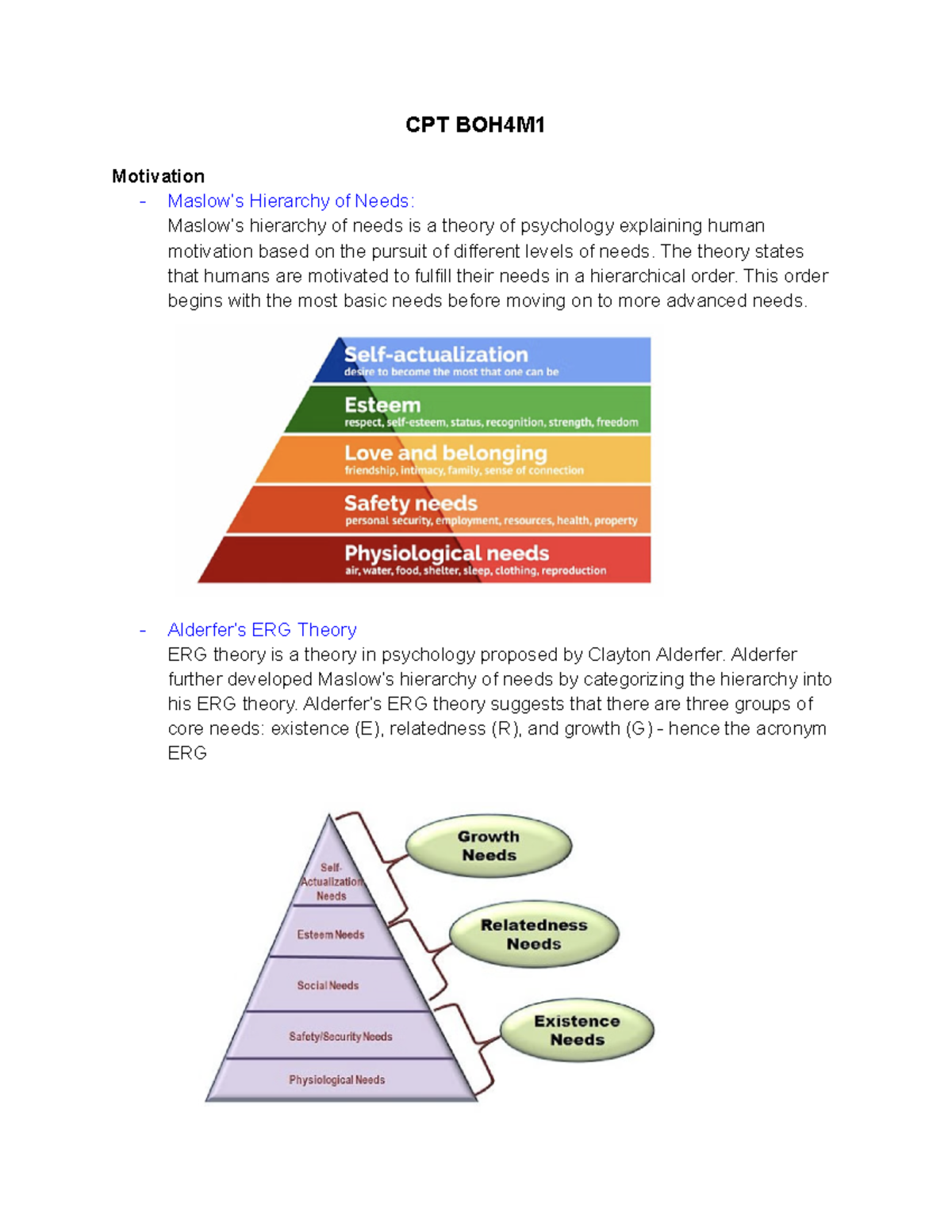 CPT BOH4M1 - CPT BOH4M Motivation - Maslow’s Hierarchy of Needs: Maslow ...