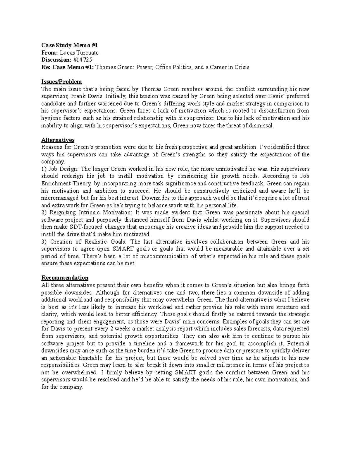 Case Study Memo #1: Thomas Greene's Challenges and Strategies - Studocu