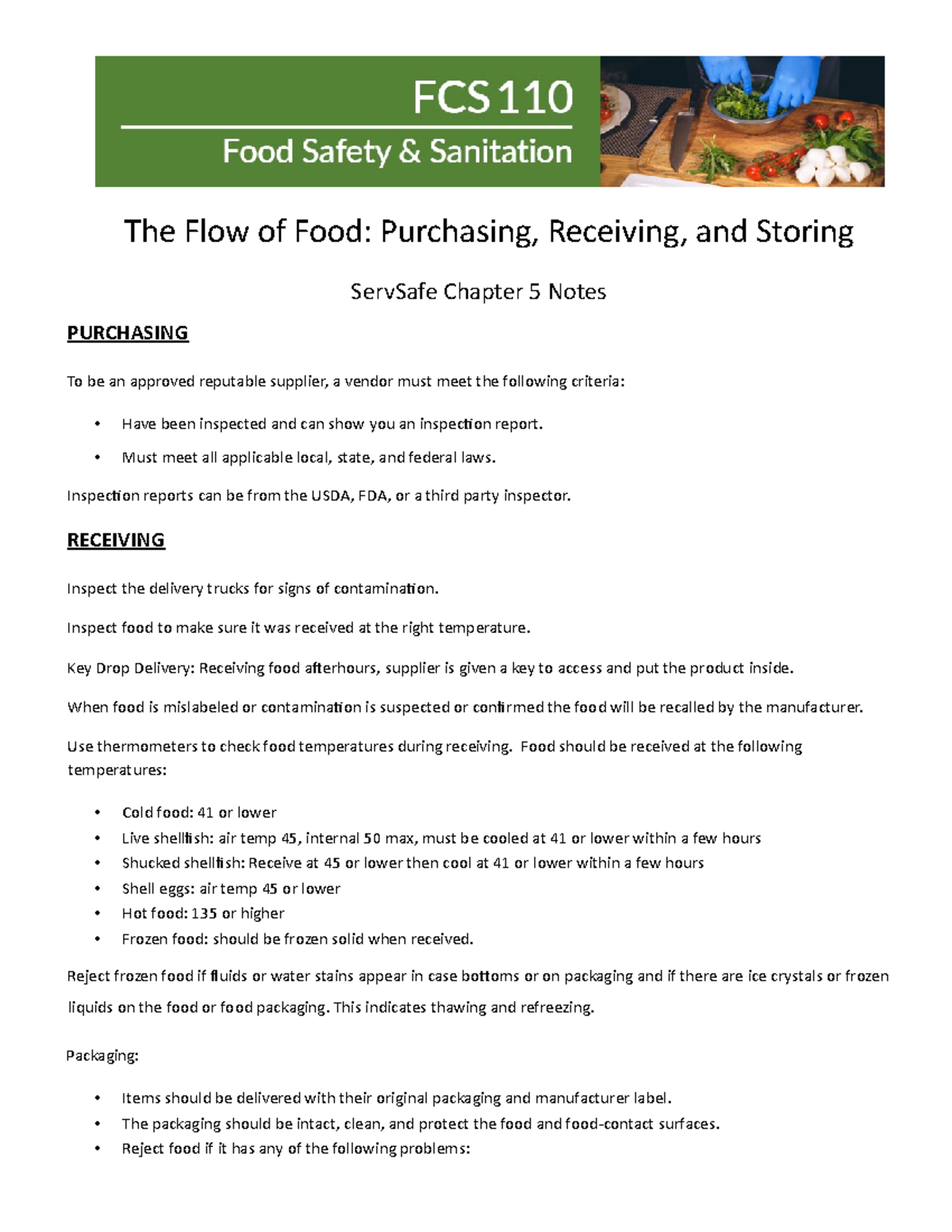 Serv Safe Ch 5Notes - Prepare for the ServSafe exam - The Flow of Food ...