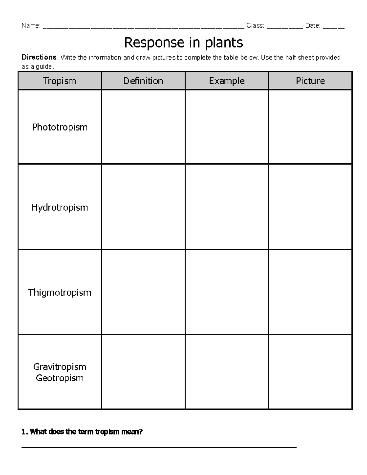 Plant Response Worksheet: Understanding Tropisms and Stimuli - Studocu