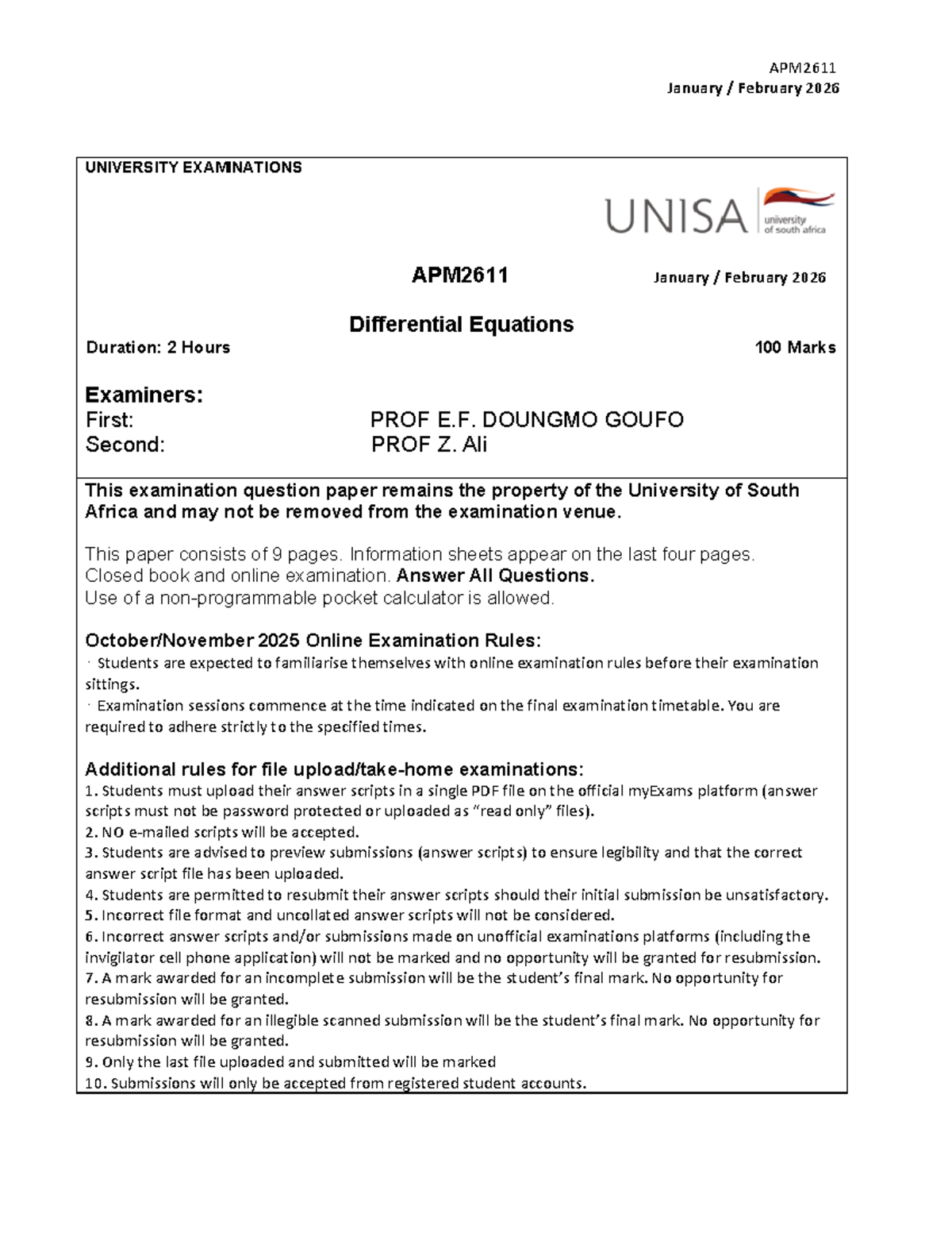 APM2611 Final Exam Paper: Differential Equations January-February 2026 ...