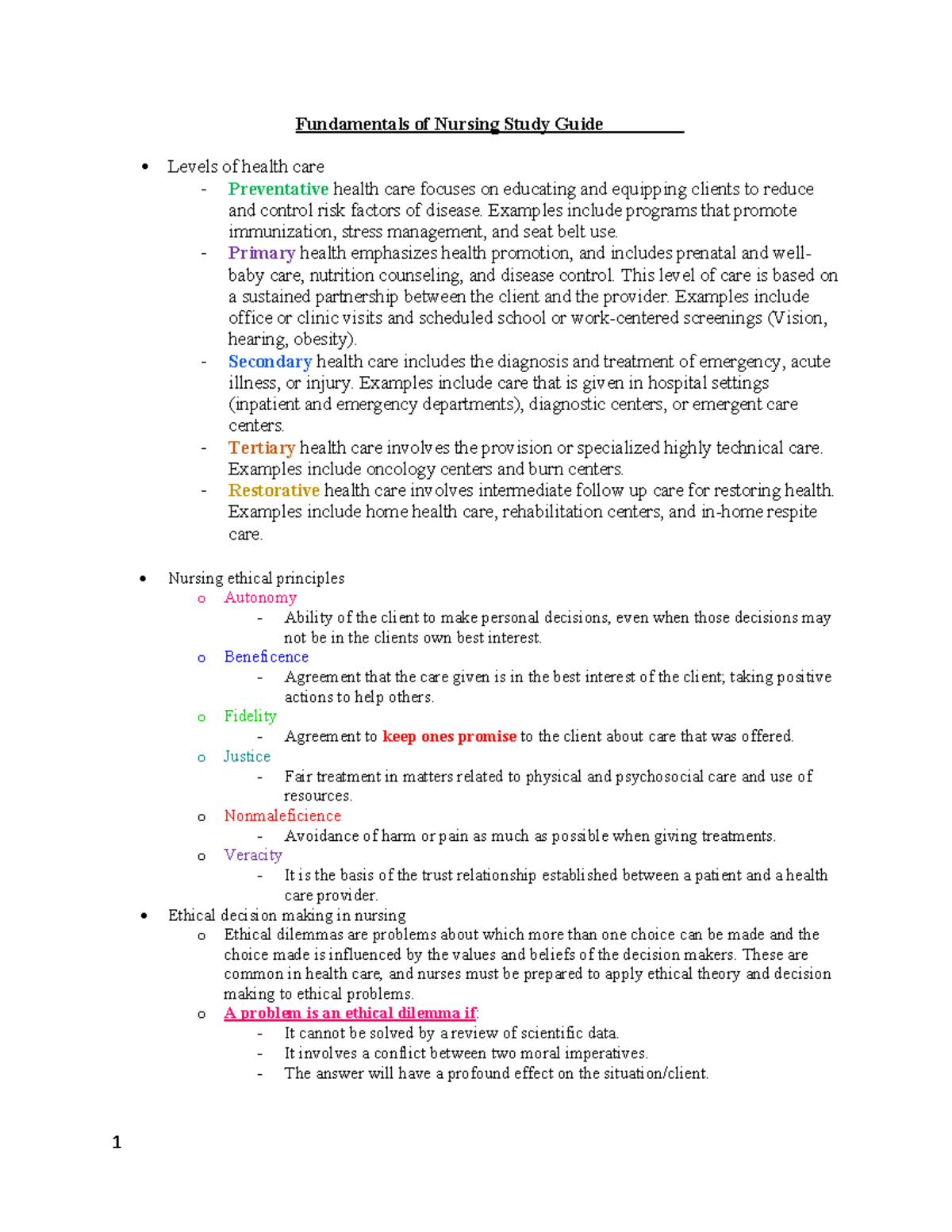 Fundamentals of Nursing Study Guide: Levels of Health Care and Ethics ...