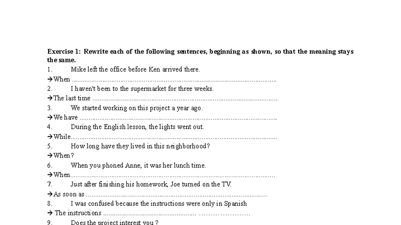 Exercise 1: Rewrite Sentences - English Class 10-13 - Studocu