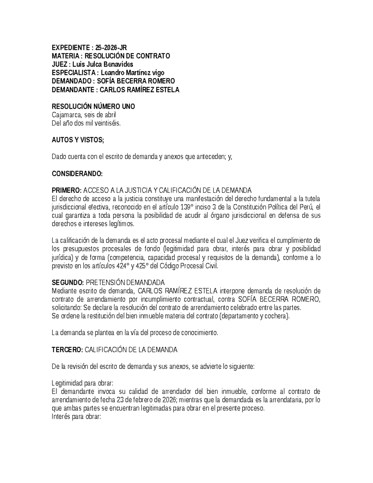 Auto Admisorio de Demanda de Resolución de Contrato de Arrendamiento ...