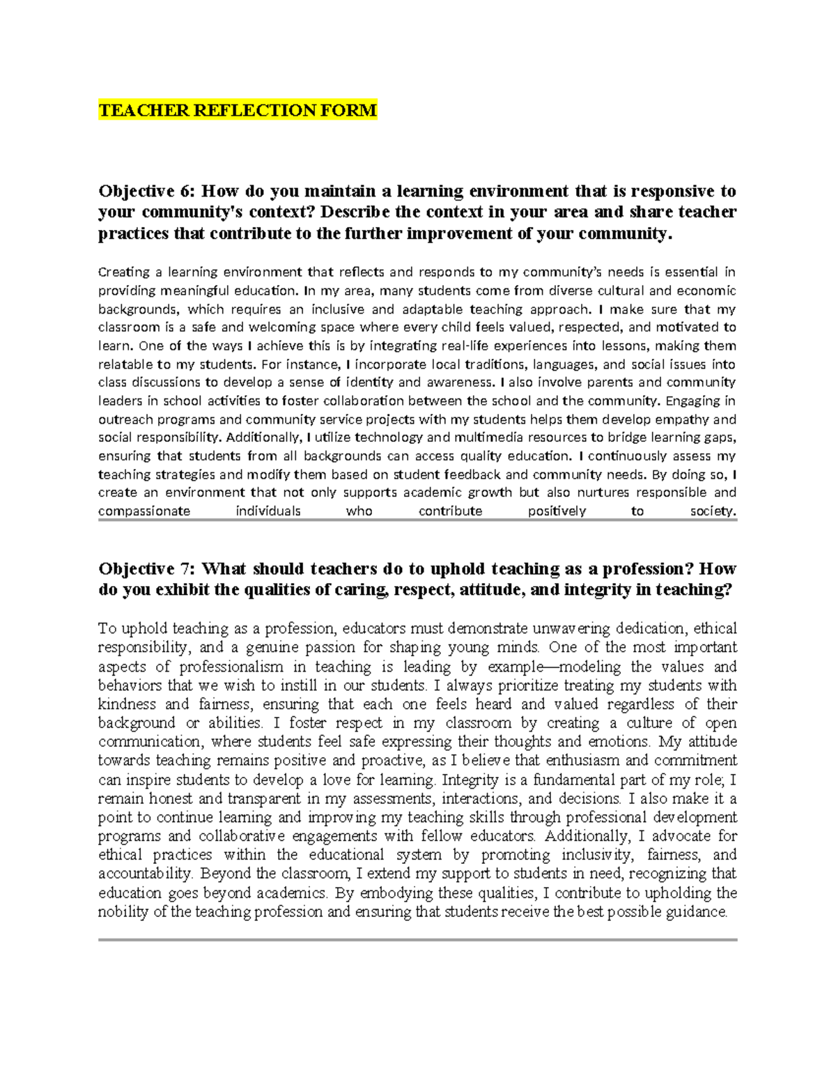 Teacher Reflection Form: Strategies for Inclusive Learning Environments ...