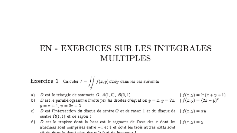 Exercices sur les Intégrales Multiples - EN 4 - Studocu