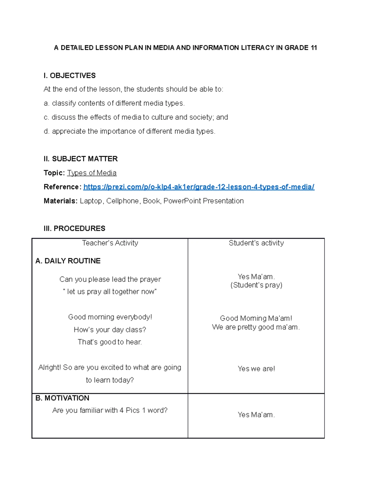 A Detailed Lesson PLAN IN Media AND Information Literacy IN Grade 11 ...