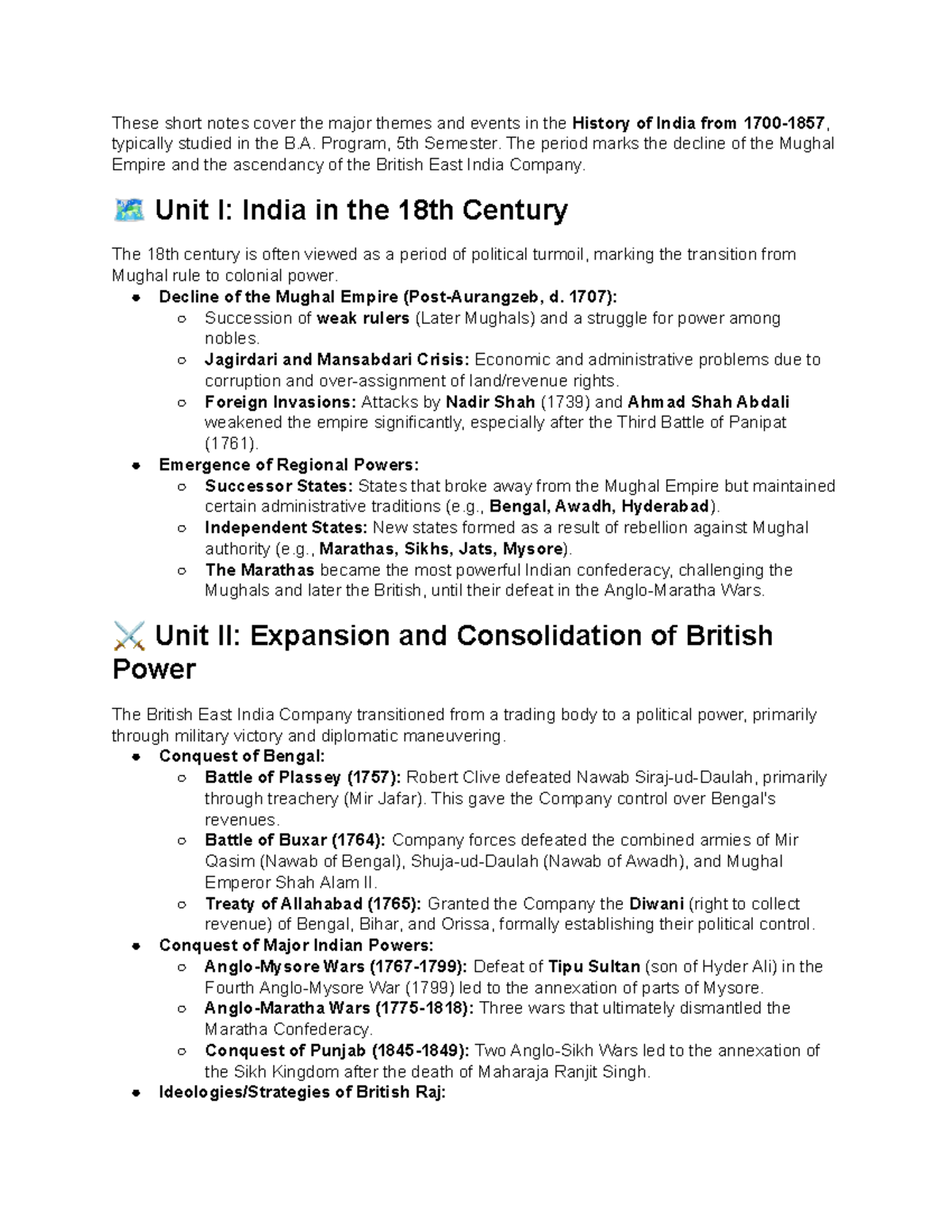 History of India 1700-1857: Short Notes for B.A. Program - Studocu
