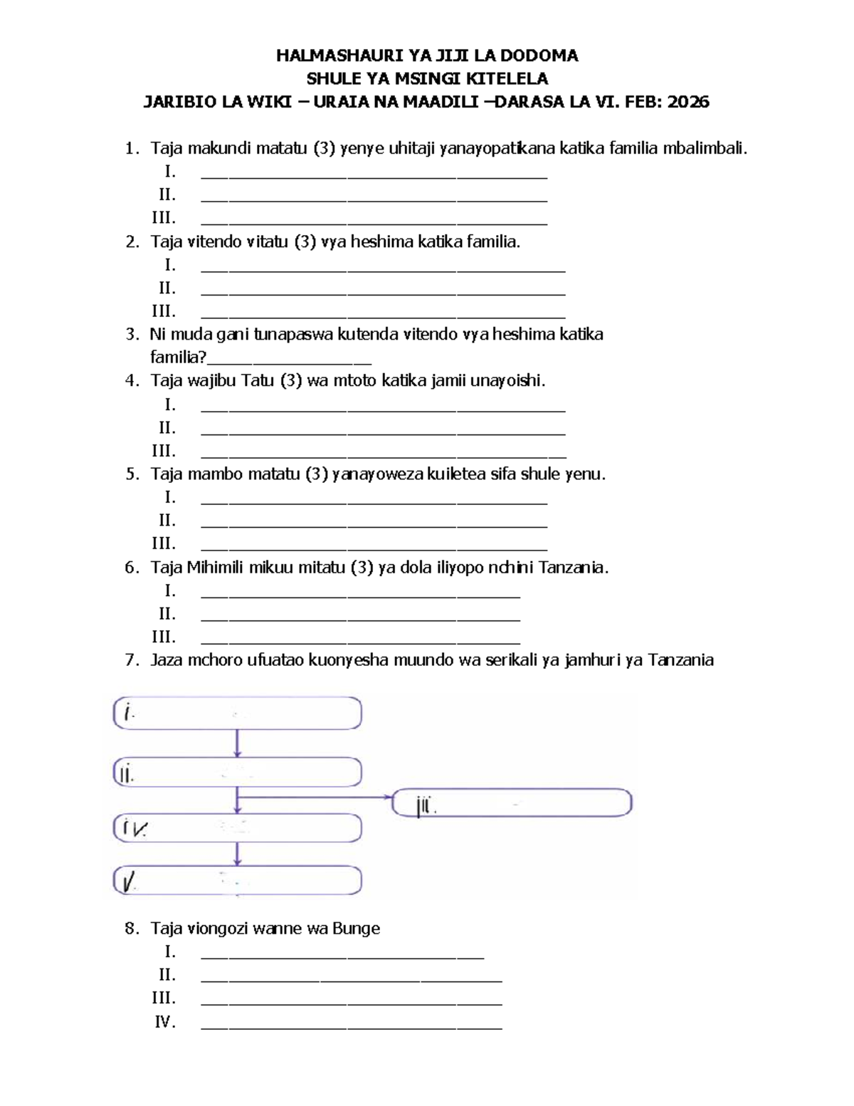 Uraia na Maadili - Jaribio la Wiki VI, Shule ya Msingi Kitelela - Studocu