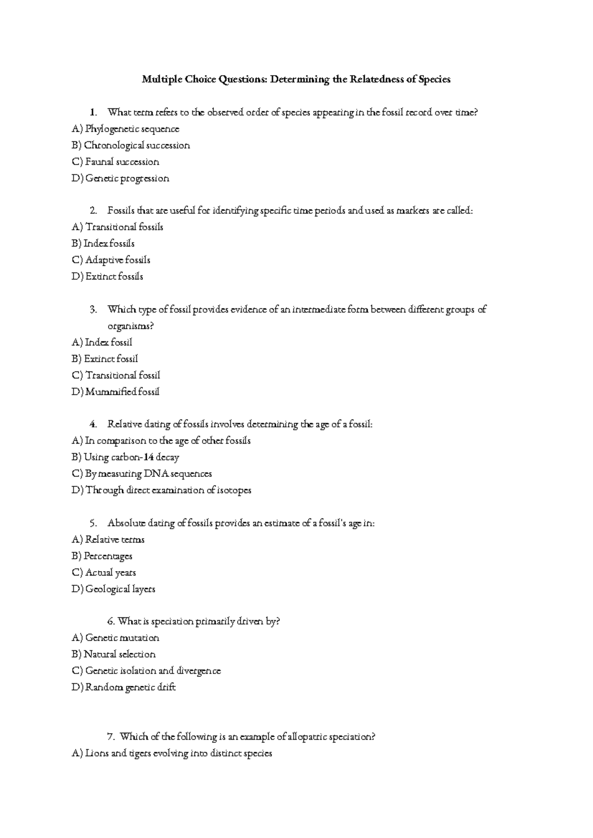 MCQ: Changes in Species Over Time - Bio 101 - Studocu