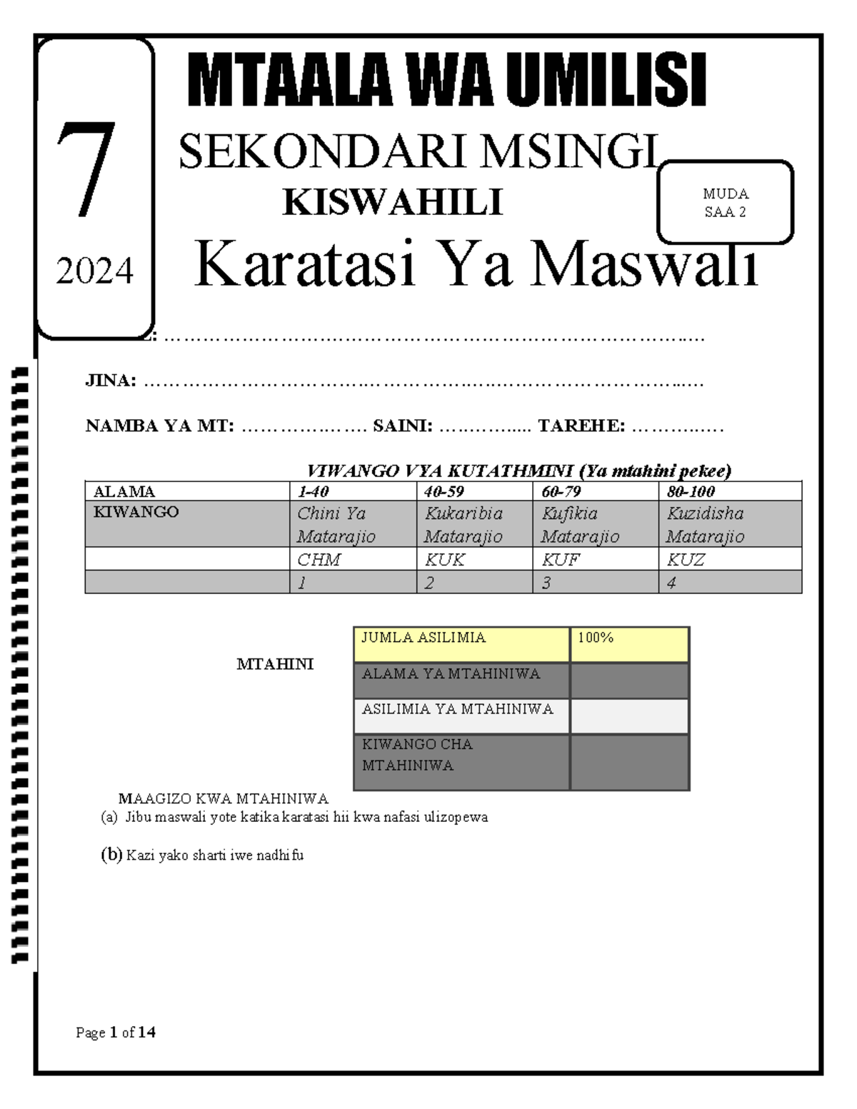 Karatasi ya Maswali ya Kiswahili QS MDT 2024 - Sekondari Msingi - Studocu