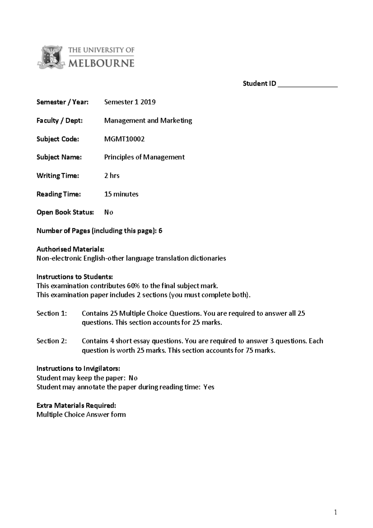 MGMT10002 Principles of Management Midterm Exam Paper S1 2019 - Studocu