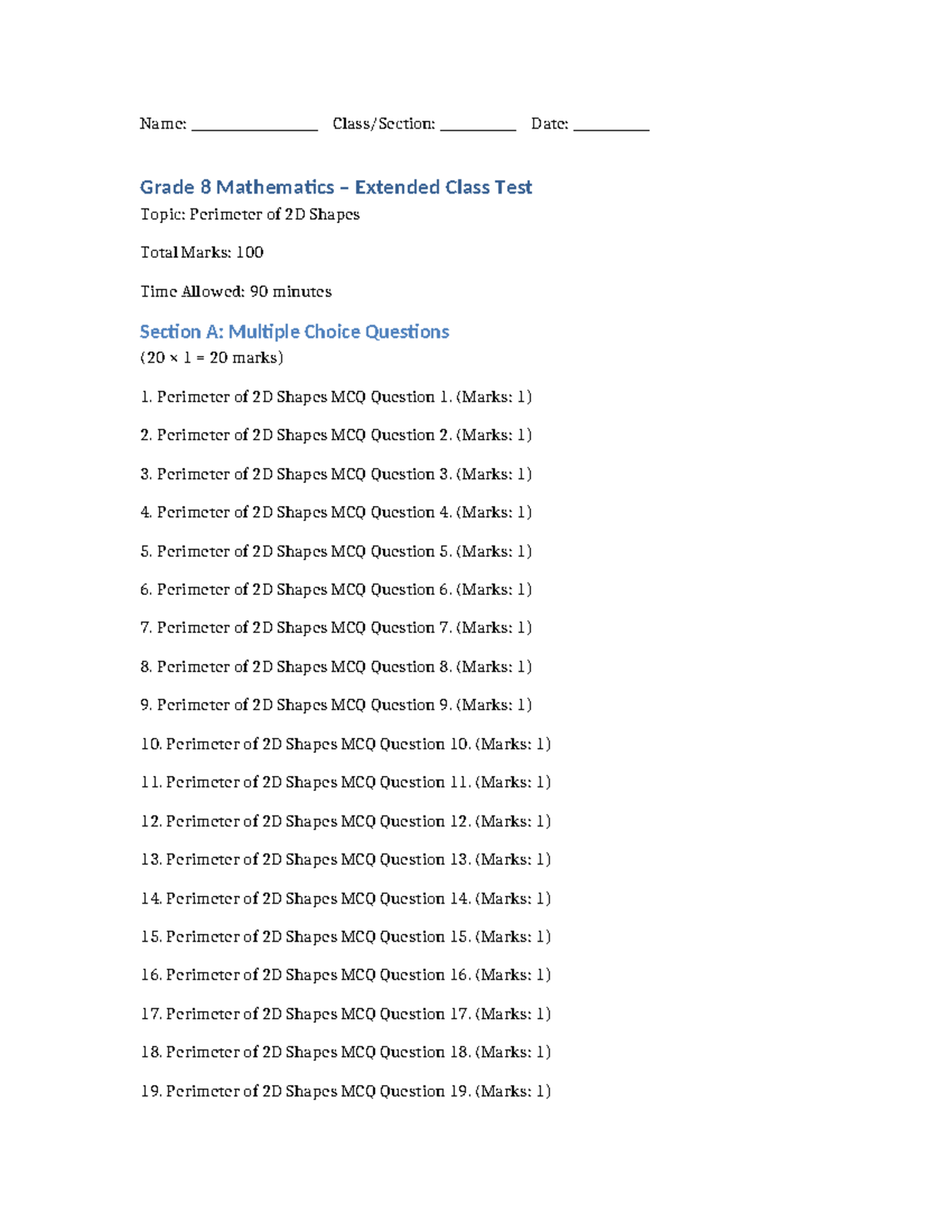 Grade 8 Mathematics Extended Test: Perimeter of 2D Shapes - Studocu