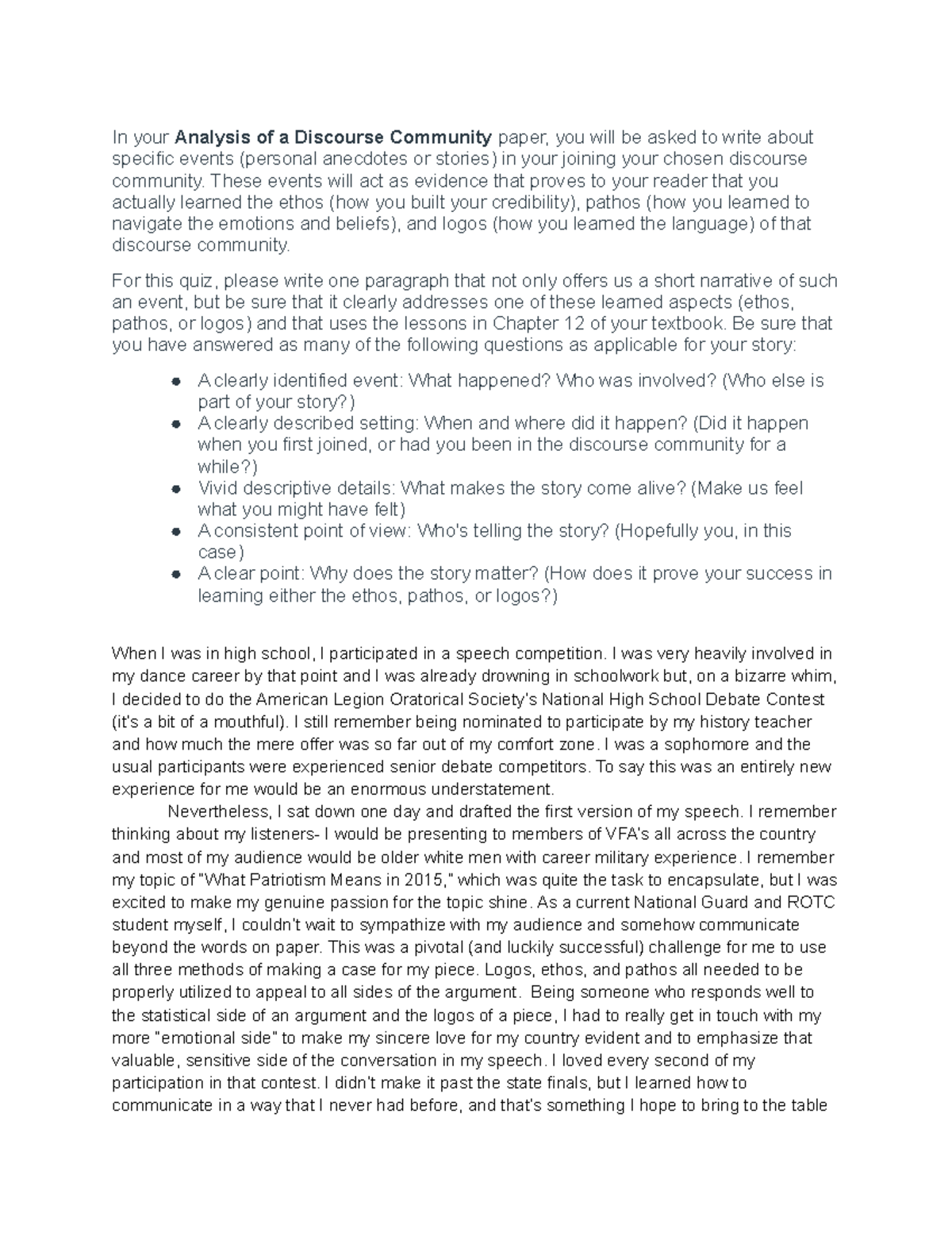 Quiz 2 Discourse Community Analysis: Ethos, Pathos, and Logos - Studocu