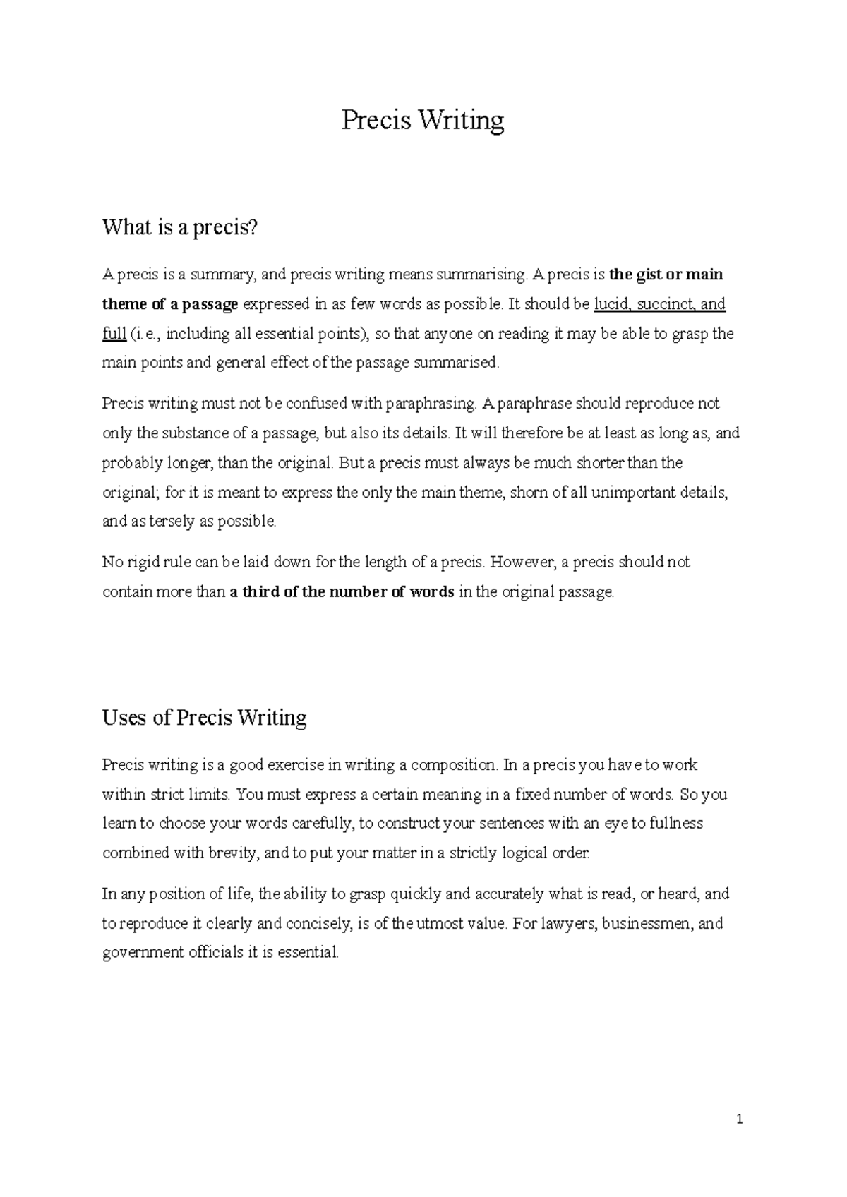 Precis Writing: Understanding the Art of Summarization - Studocu