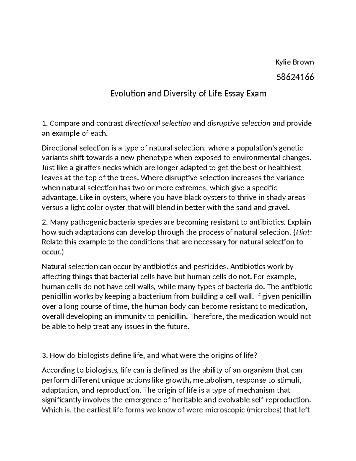 Evolution and Diversity of Life Essay Exam - SCI 120 - Studocu