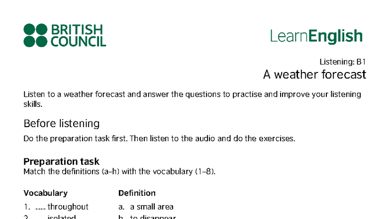 Listening Practice: B1 A Weather Forecast Exercise - Studocu