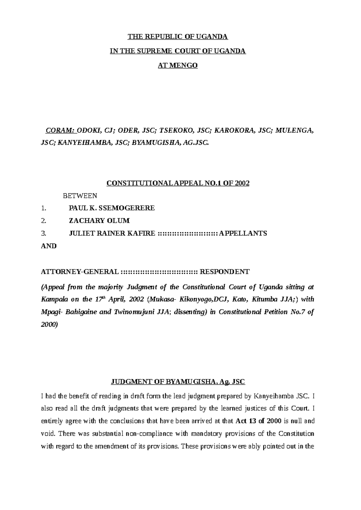 Case Study: Paul K. Ssemogerere & Ors v. Attorney General 2004 UGSC 10 ...