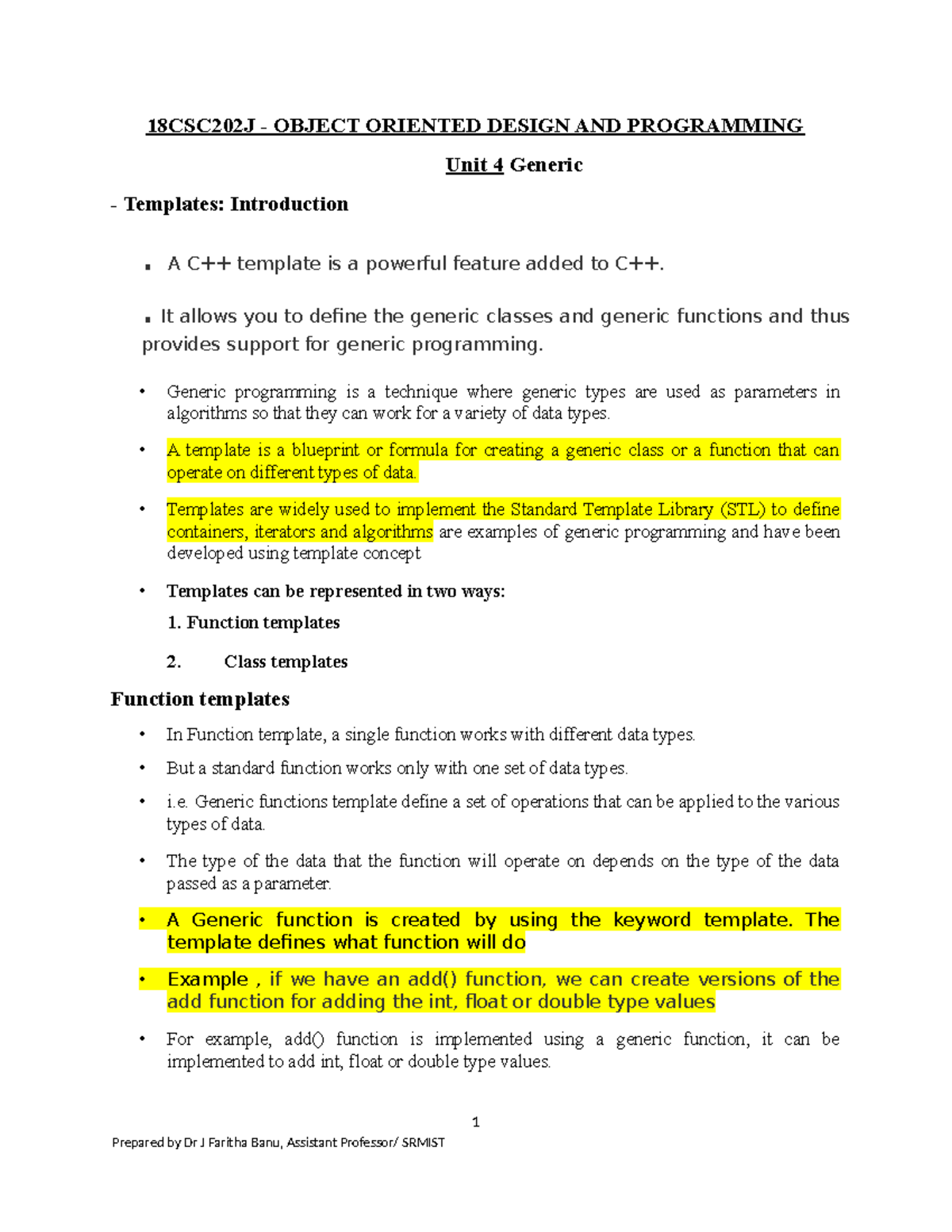 OODP unit 4 - .OODP unit 4 - Summary Object Oriented Design and Programming - 18CSC202J - OBJECT ...