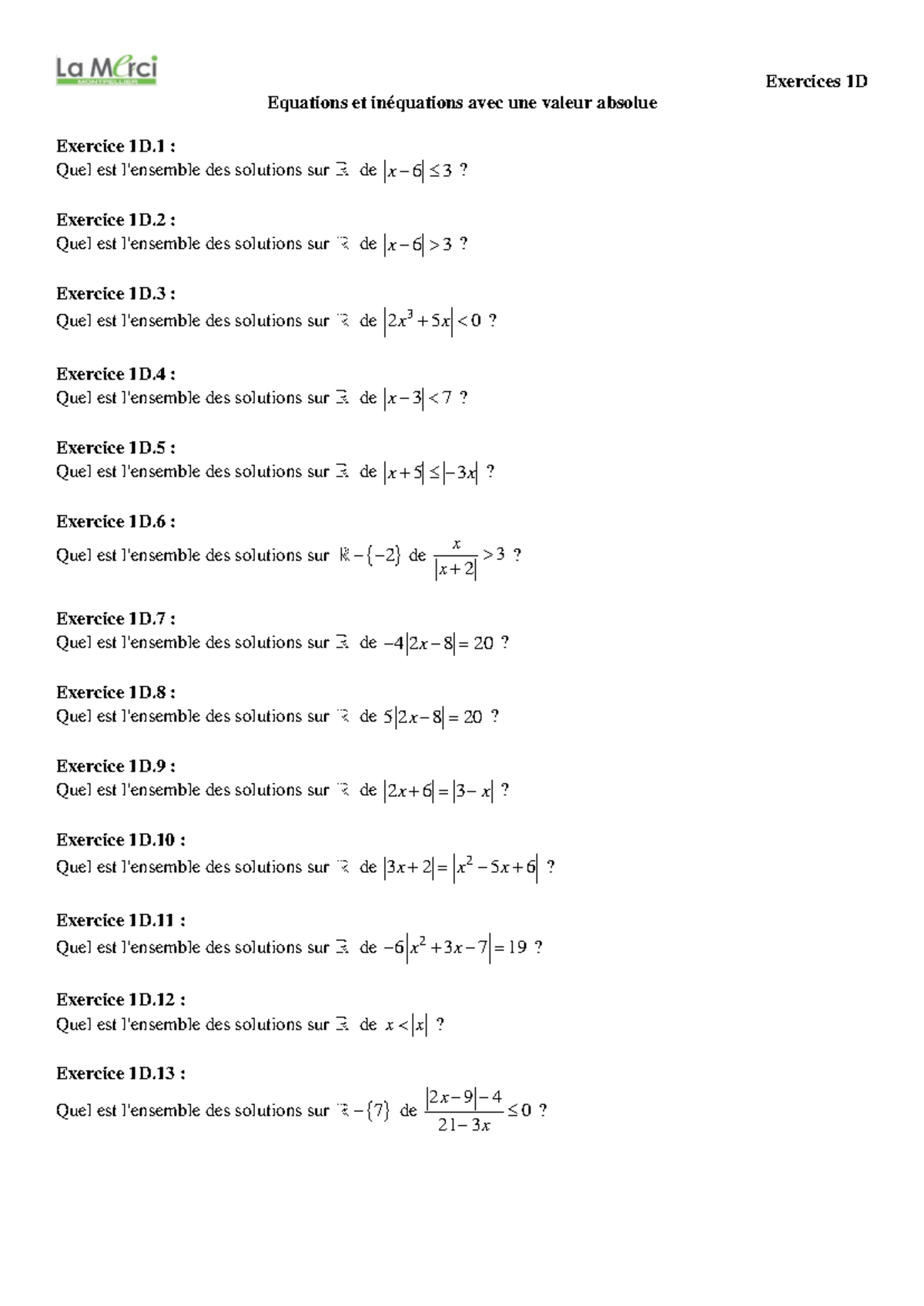 Chap 01 - Ex 1D - Corrigé des Exercices sur Valeurs Absolues - Studocu