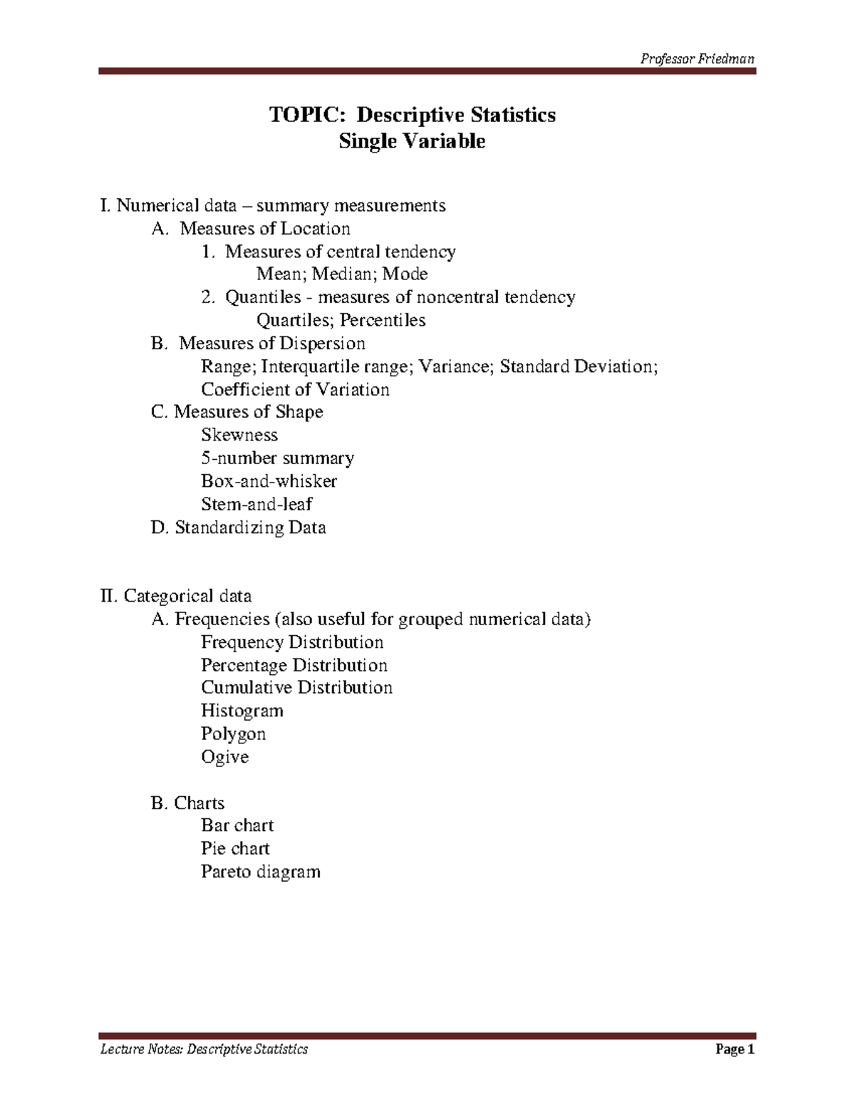 Lecture Notes: Descriptive Statistics (Stat 101) - Summary Measures ...