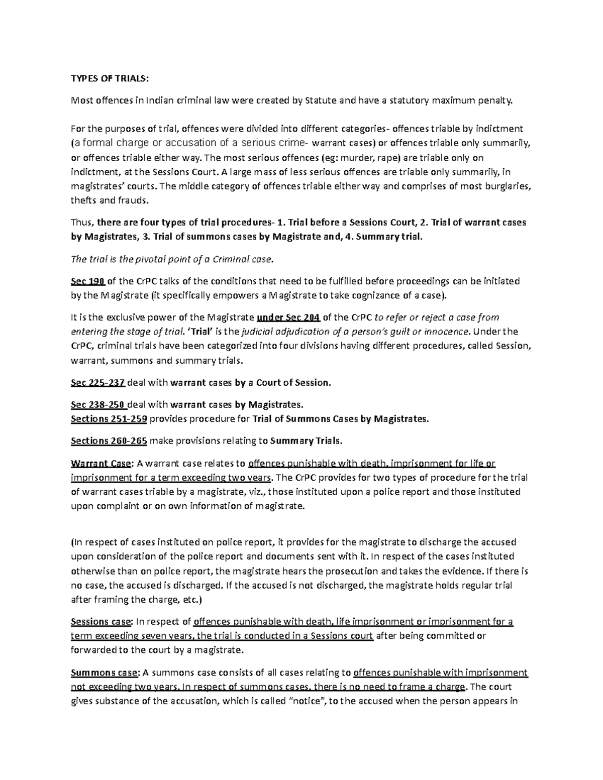 Types of Trials in Indian Criminal Law - Comprehensive Notes - Studocu