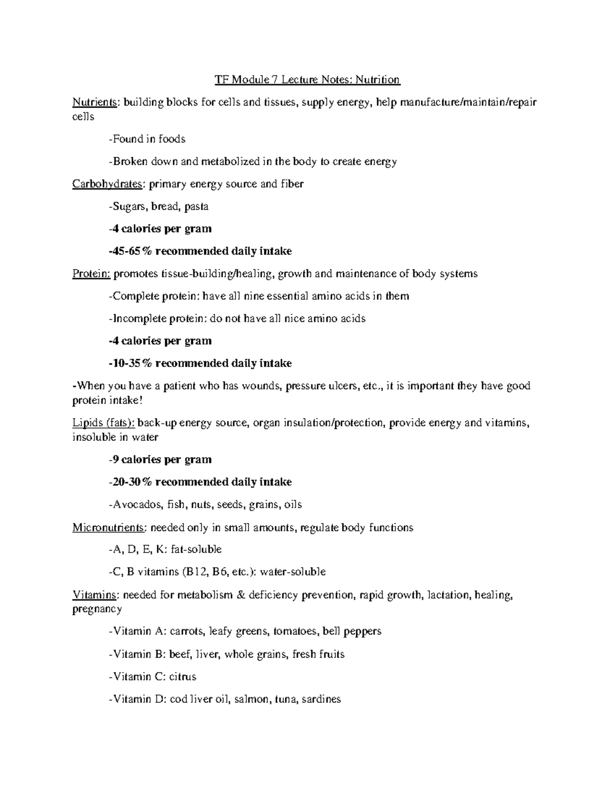 Module 7 Lecture Notes Nutrition - TF Module 7 Lecture Notes: Nutrition ...