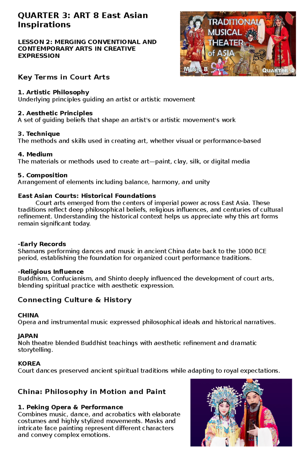 Quarter 3 ART 8: East Asian Inspirations - Lesson 2 Notes - Studocu