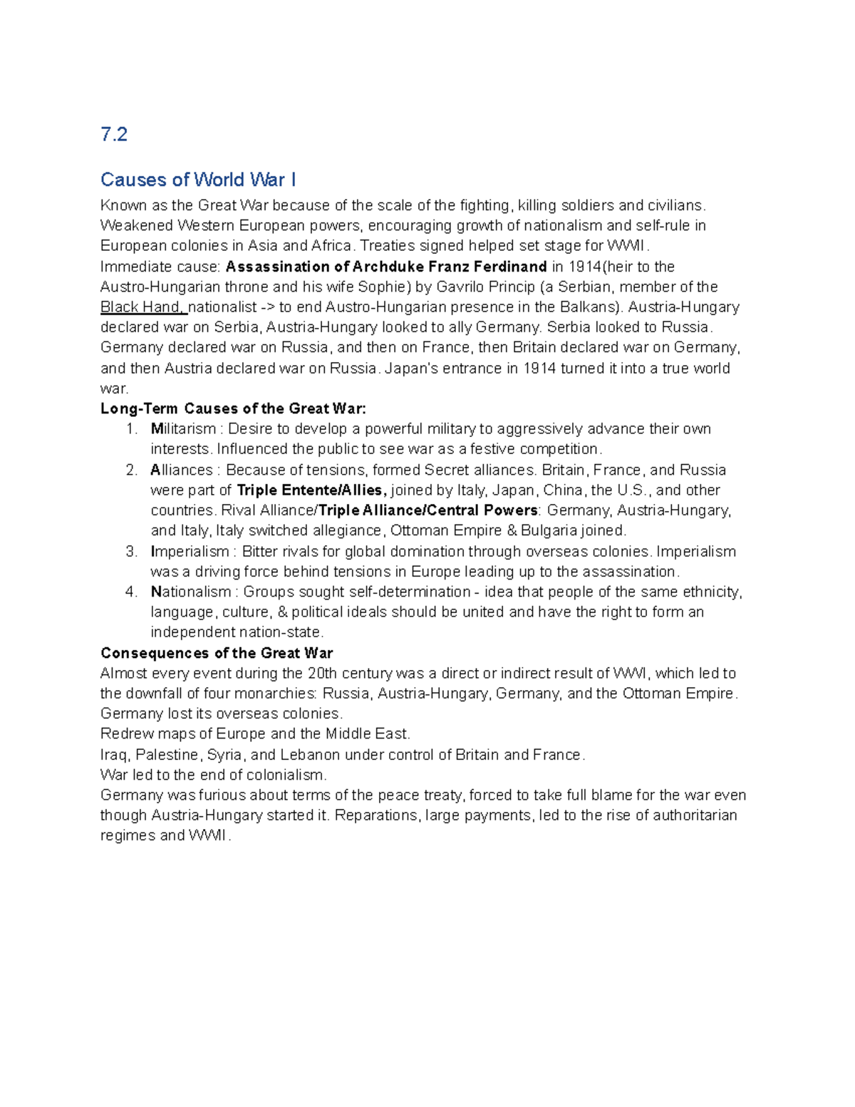 AP World History Modern Unit 7.2: Causes & Consequences of WWI - Studocu