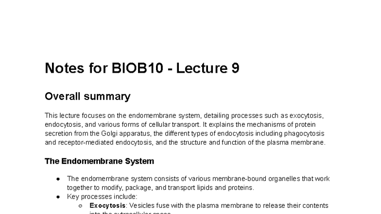 Lecture 9 Notes - Notes for BIOB10 - Lecture 9 Overall summary This ...