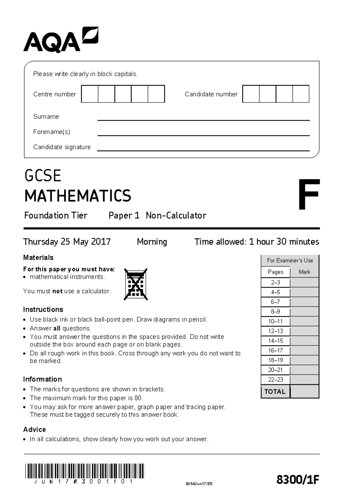 GCSE Mathematics 8300/1F Foundation Tier Question Paper June 2017 - Studocu