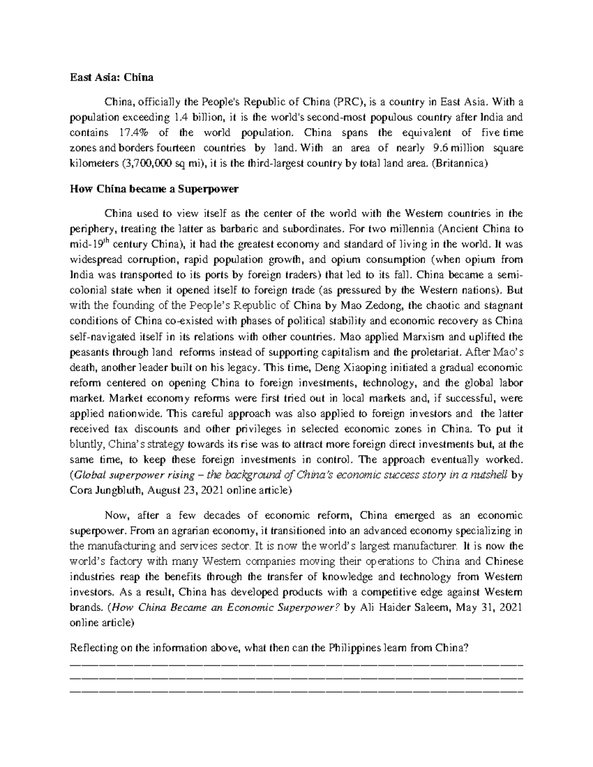 East Asia: China - Lessons from China's Rise as a Superpower - Studocu