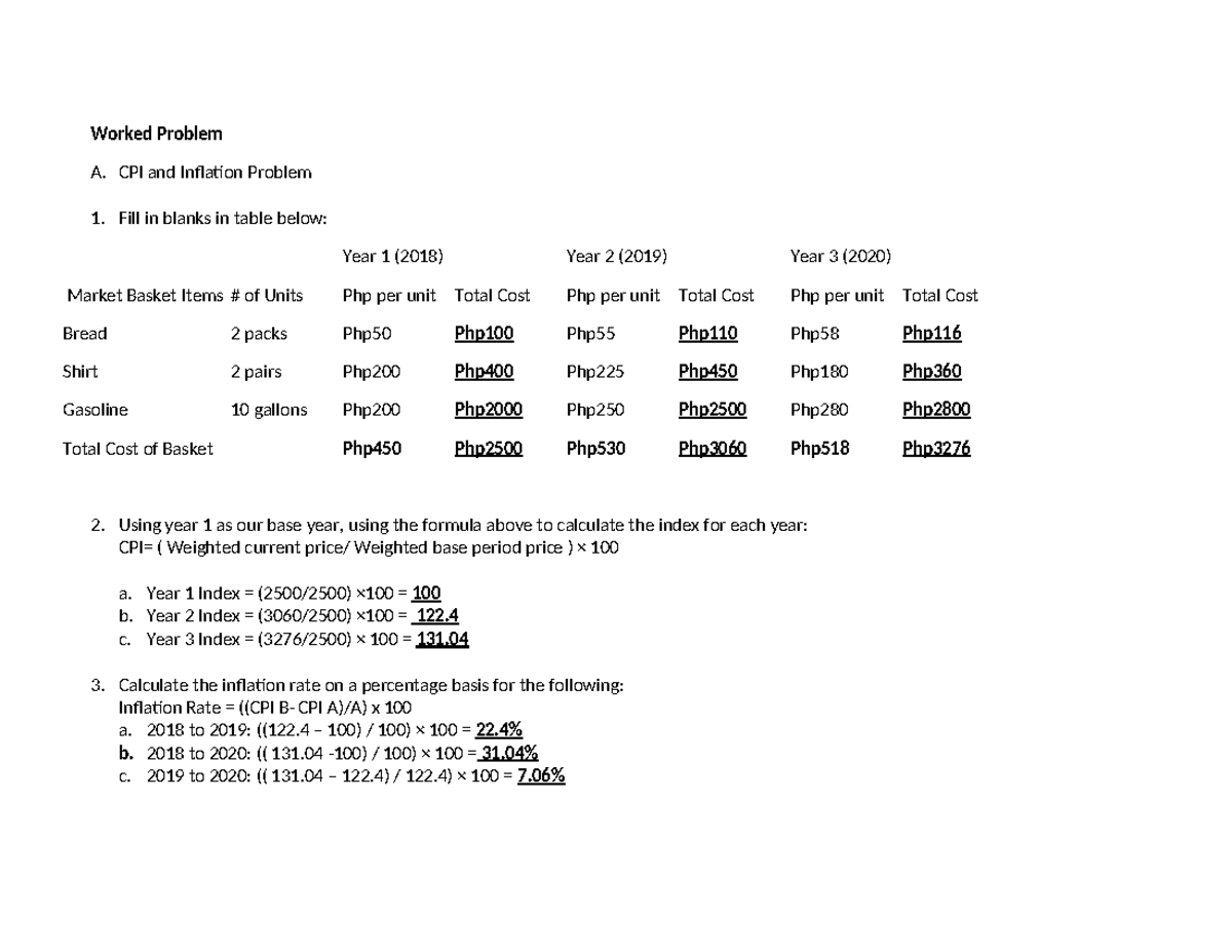 Worked Problem - Inflation - Worked Problem A. CPI and Inflation Problem Fill in blanks in table ...