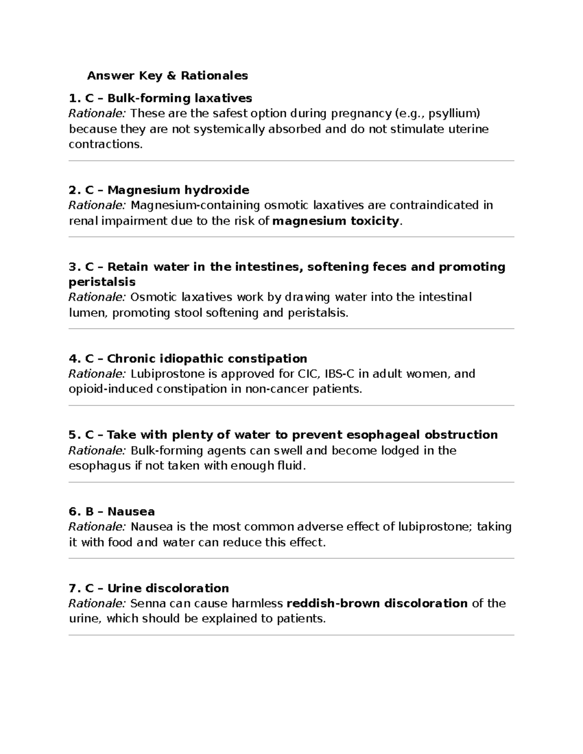 Chapter 67 Answer Key Practice Quiz 1: Laxatives and Constipation - Studocu