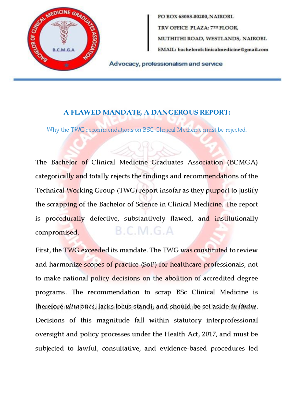 BCMGA Response to TWG Report on BSc Clinical Medicine Recommendations ...