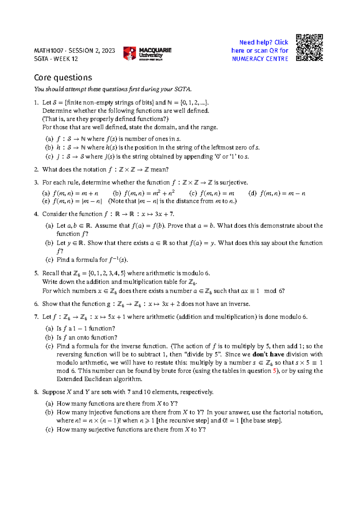 Math1007 sgta week 12 - Math - MATH1007 ⋅ SESSION 2, 2023 SGTA ⋅ WEEK ...