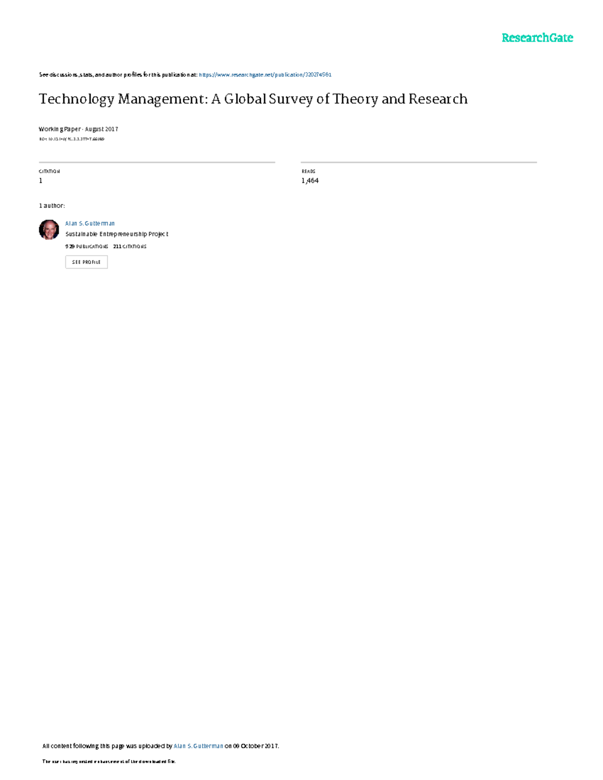 RP-Technology Management: Global Survey of Theory & Research 2017 - Studocu