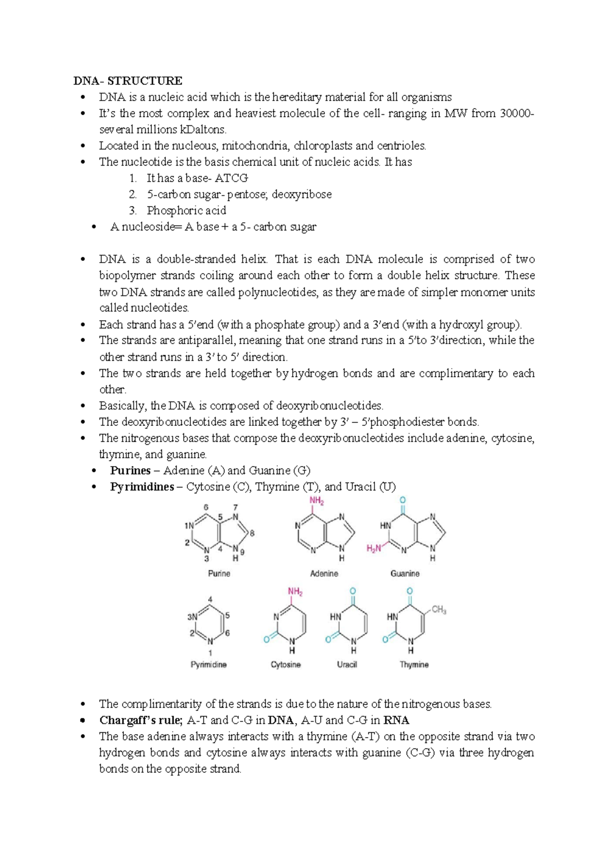 HBB 2205 Lecture Notes: Structure and Function of DNA - Studocu