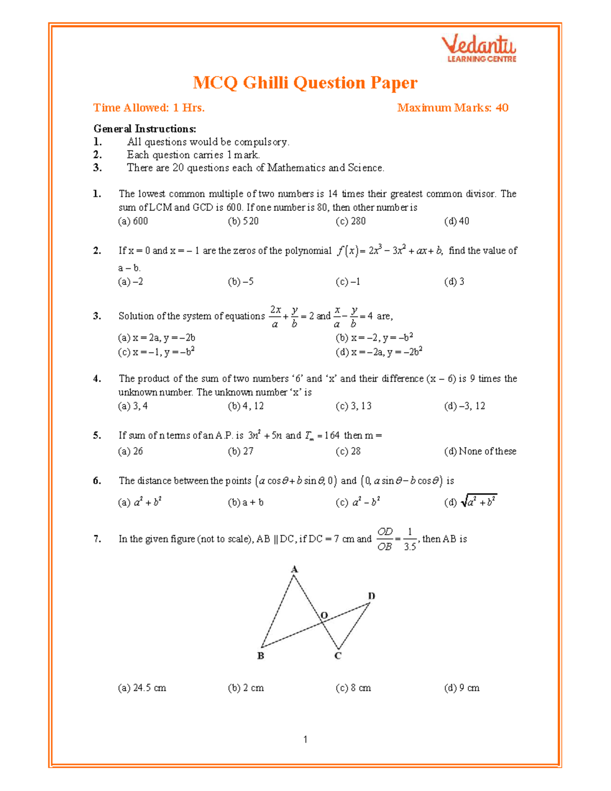 MCQ Question Paper for Mathematics & Science - F9b5c2d0 - Studocu