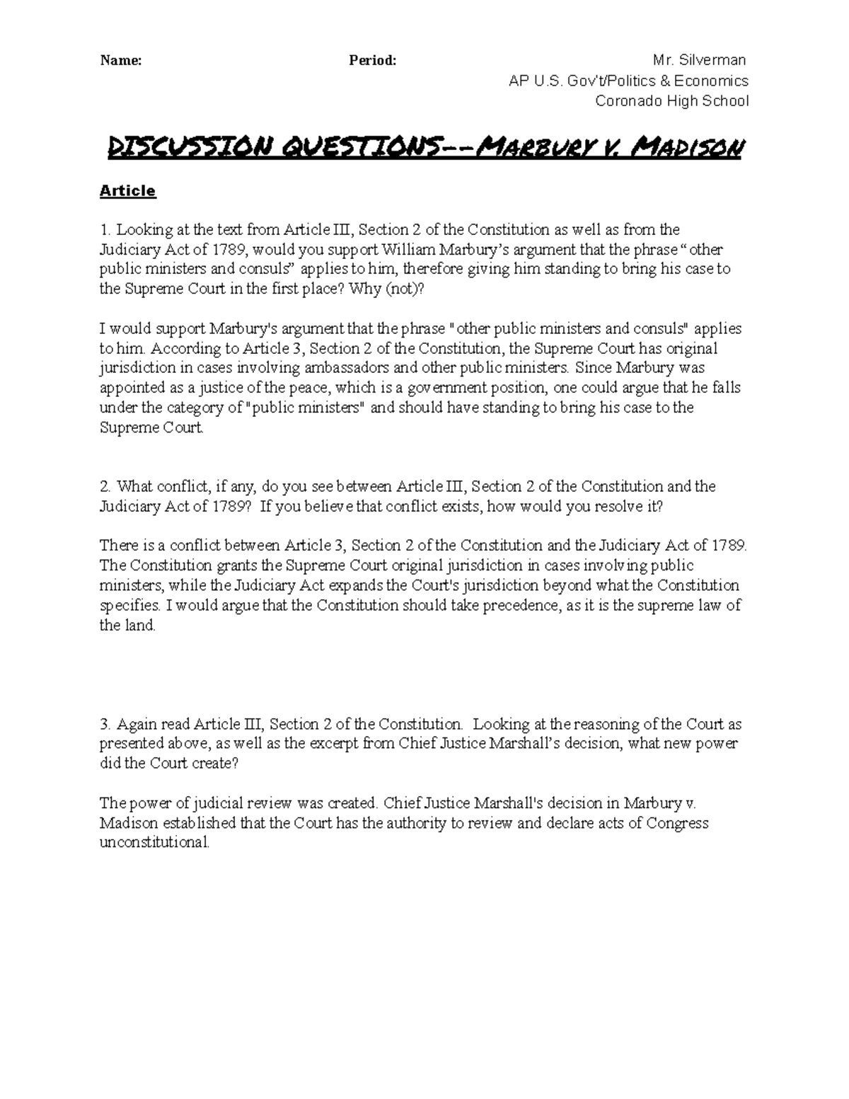 Discussion Questions for Marbury v. Madison - AP U.S. Gov’t & Economics ...